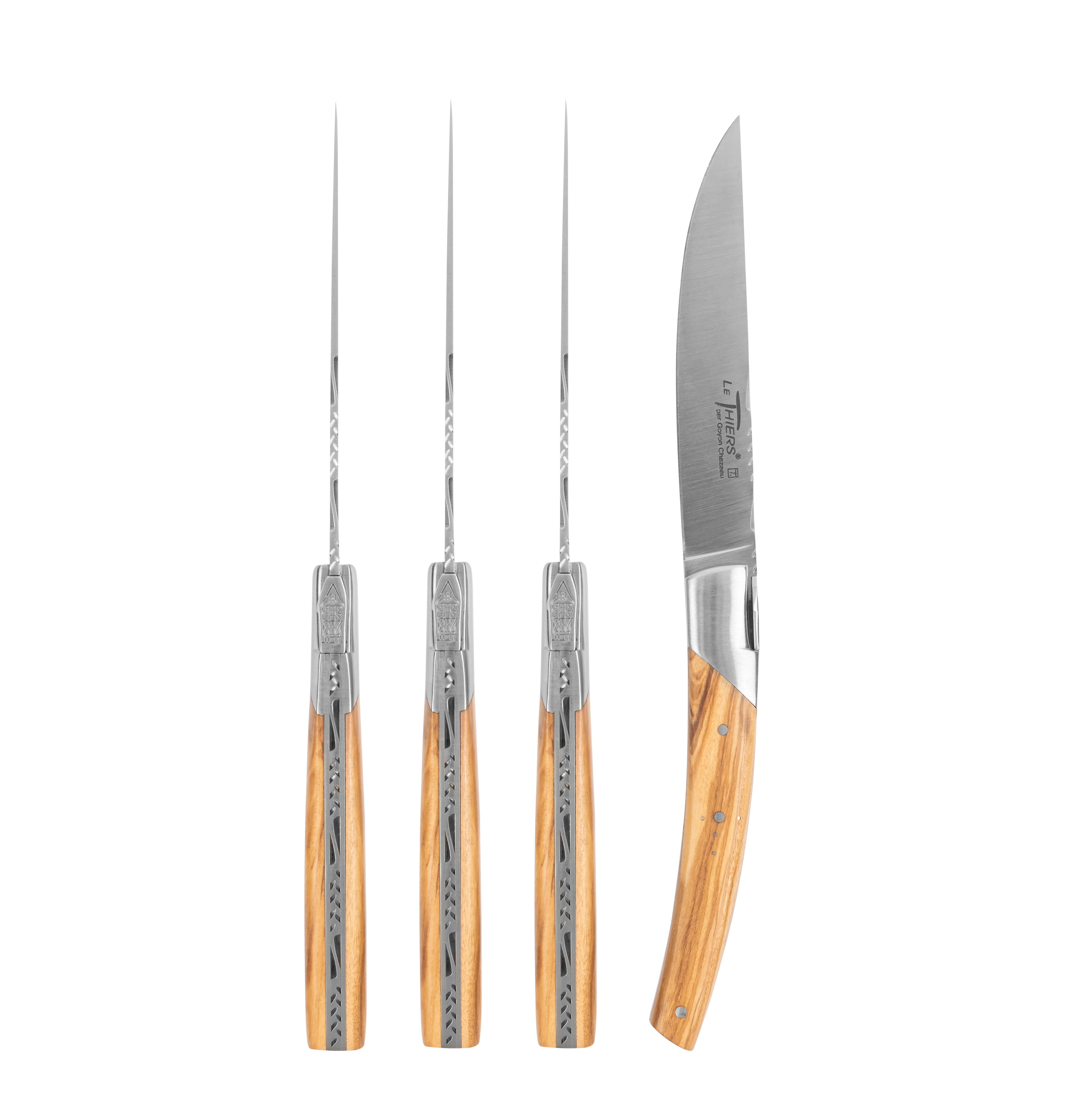 Goyon-Chazeau Set of 4 Pirou Castle Steak Knives with Olive Wood Handl ...